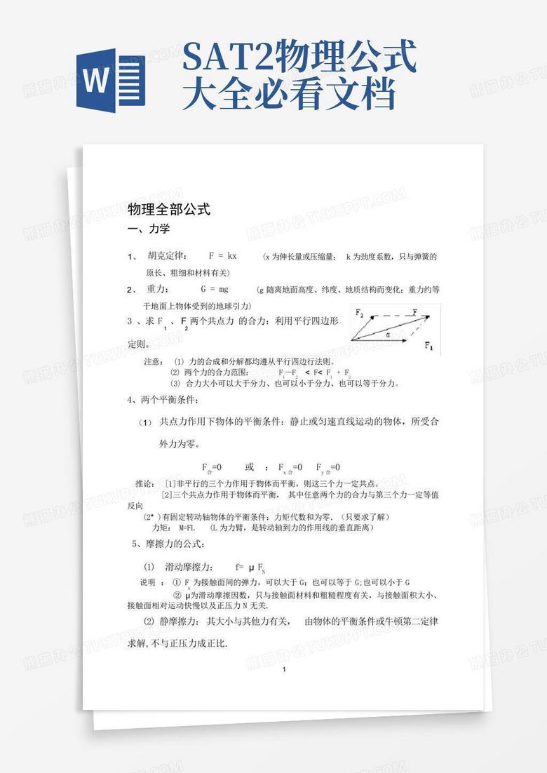sat2物理公式大全 必看文档Word模板下载 编号qmbaeojo 熊猫办公