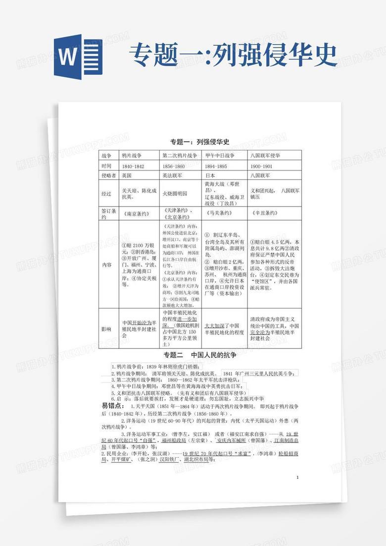 专题一 列强侵华史Word模板下载 编号loxjnzap 熊猫办公