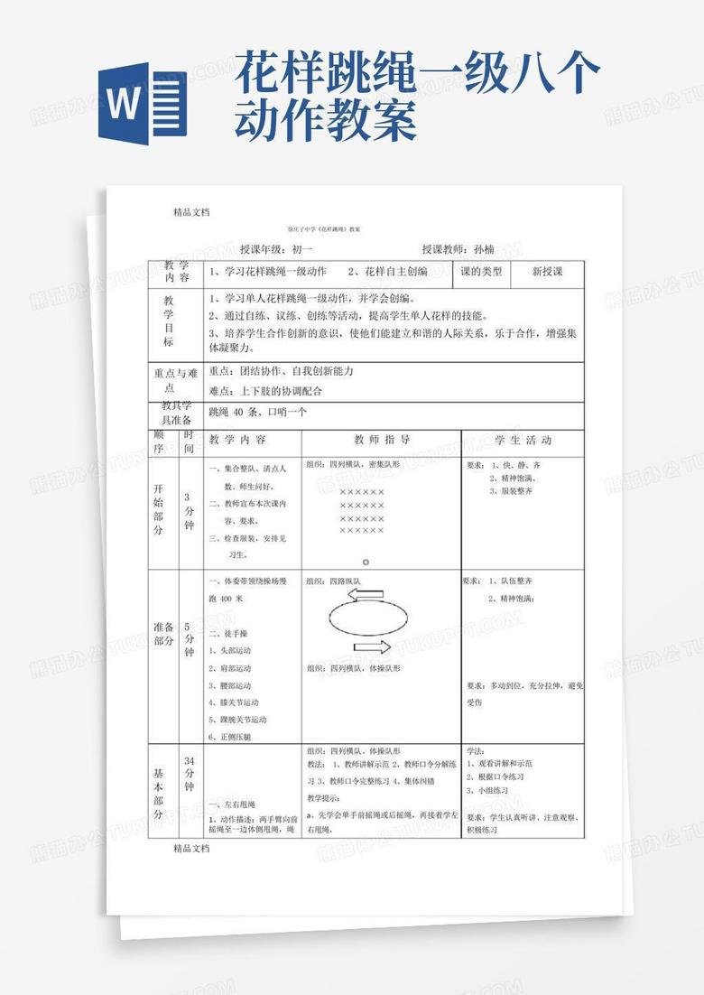 花样跳绳一级教案Word模板下载 编号qkknyyzq 熊猫办公