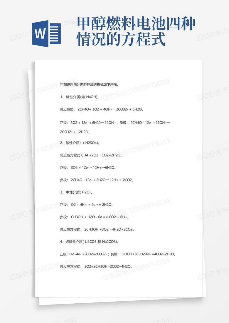 甲醇燃料电池四种情况的方程式Word模板下载 编号ladyozow 熊猫办公