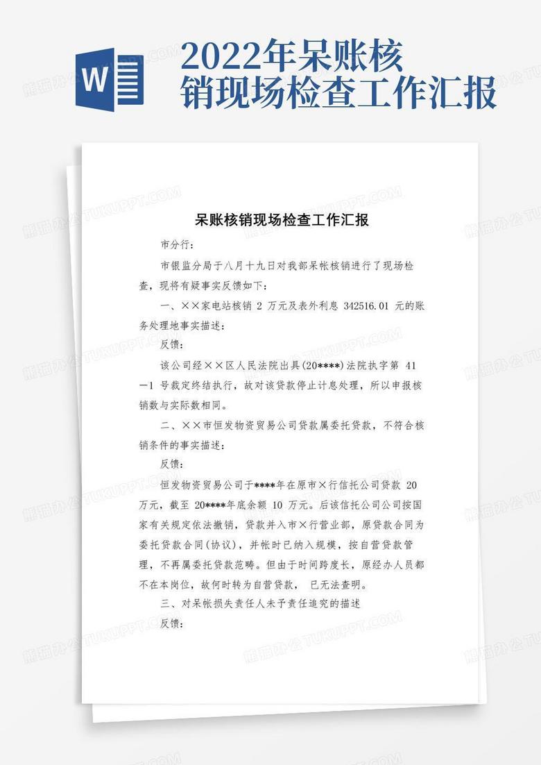 2022年呆账核销现场检查工作汇报Word模板下载 编号qjojkzje 熊猫办公