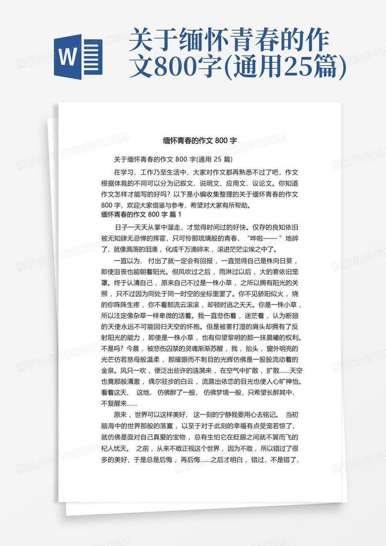 关于缅怀青春的作文800字 通用25篇 Word模板下载 编号qgejwakz 熊猫办公