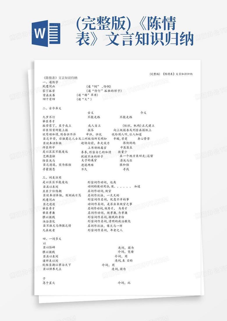 完整版 陈情表文言知识归纳Word模板下载 编号qvzeyevr 熊猫办公