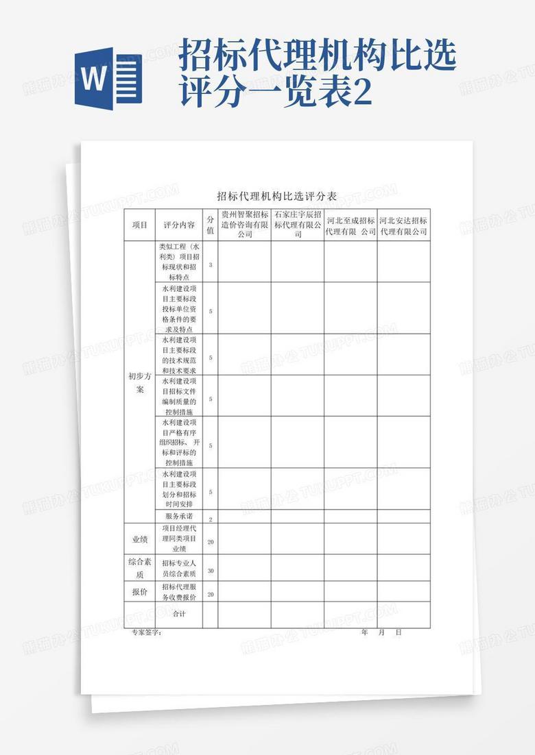 招标代理机构比选评分一览表2Word模板下载 编号qdxrkpmb 熊猫办公