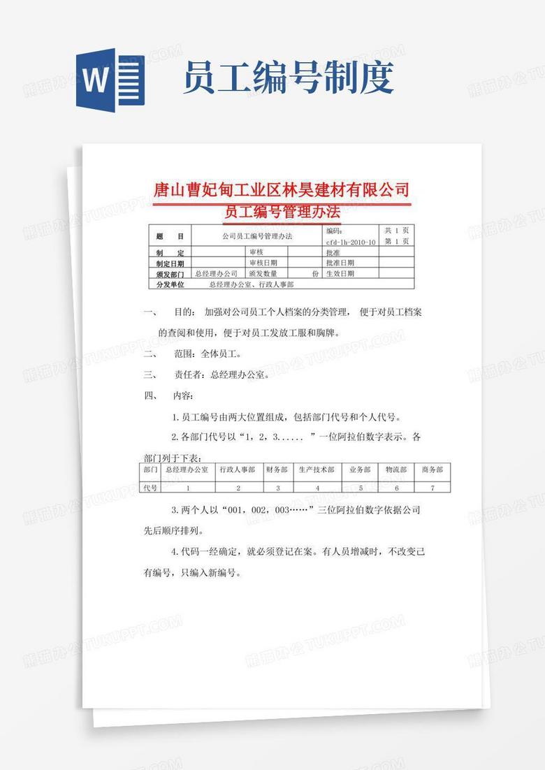 公司员工编号管理办法Word模板下载 编号qwvrbxkl 熊猫办公