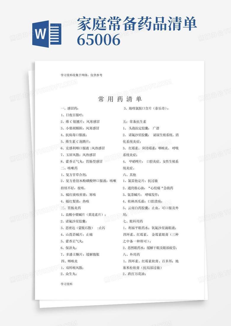 家庭常备药品清单65006Word模板下载 编号lbjvzedk 熊猫办公