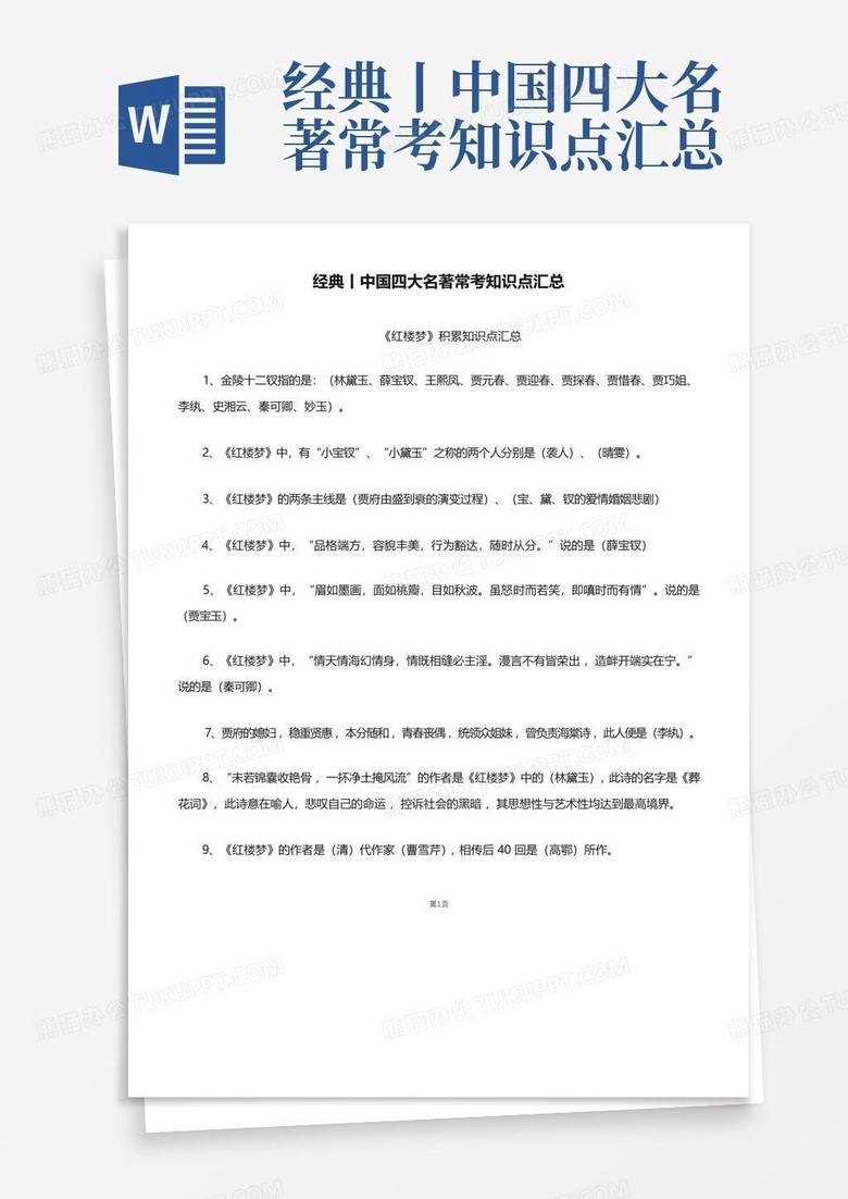 经典丨中国四大名著常考知识点汇总Word模板下载 编号lxyngbad 熊猫办公