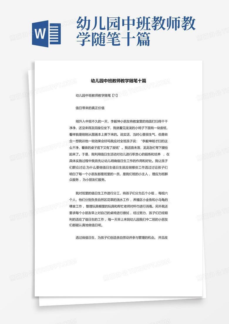 幼儿园中班教师教学随笔十篇Word模板下载 编号lwybvzwz 熊猫办公