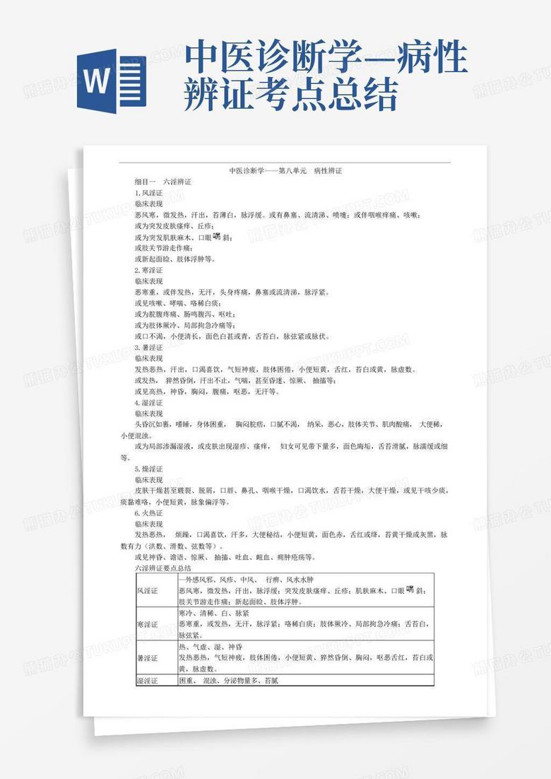 中医诊断学病性辨证考点总结Word模板下载 编号lyyabnww 熊猫办公