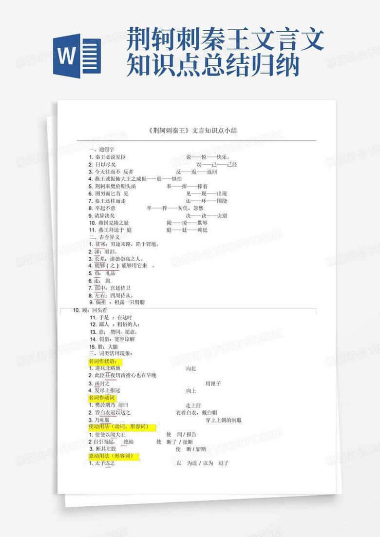 荆轲刺秦王文言文知识点总结归纳Word模板下载 编号ljkmzgwm 熊猫办公