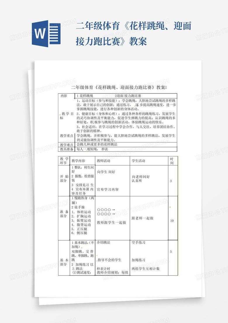 二年级体育花样跳绳迎面接力跑比赛教案Word模板下载 编号lpyowjve 熊猫办公
