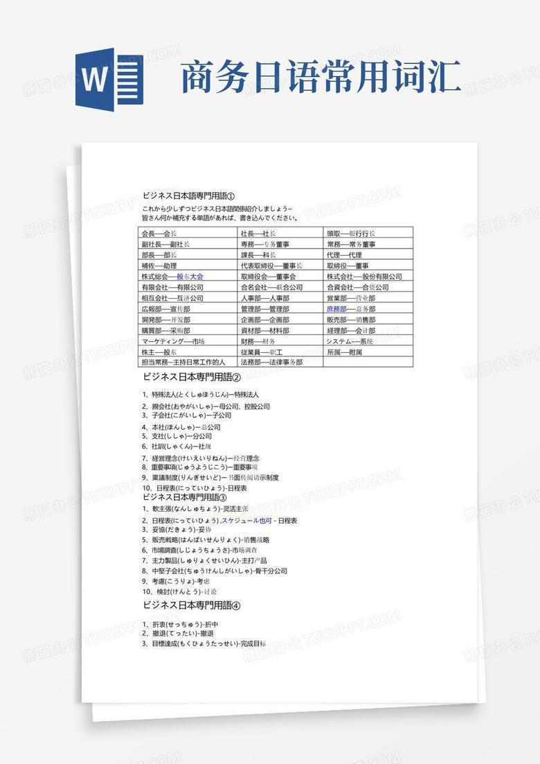 商务日语常用词汇Word模板下载 编号qxyrngxd 熊猫办公
