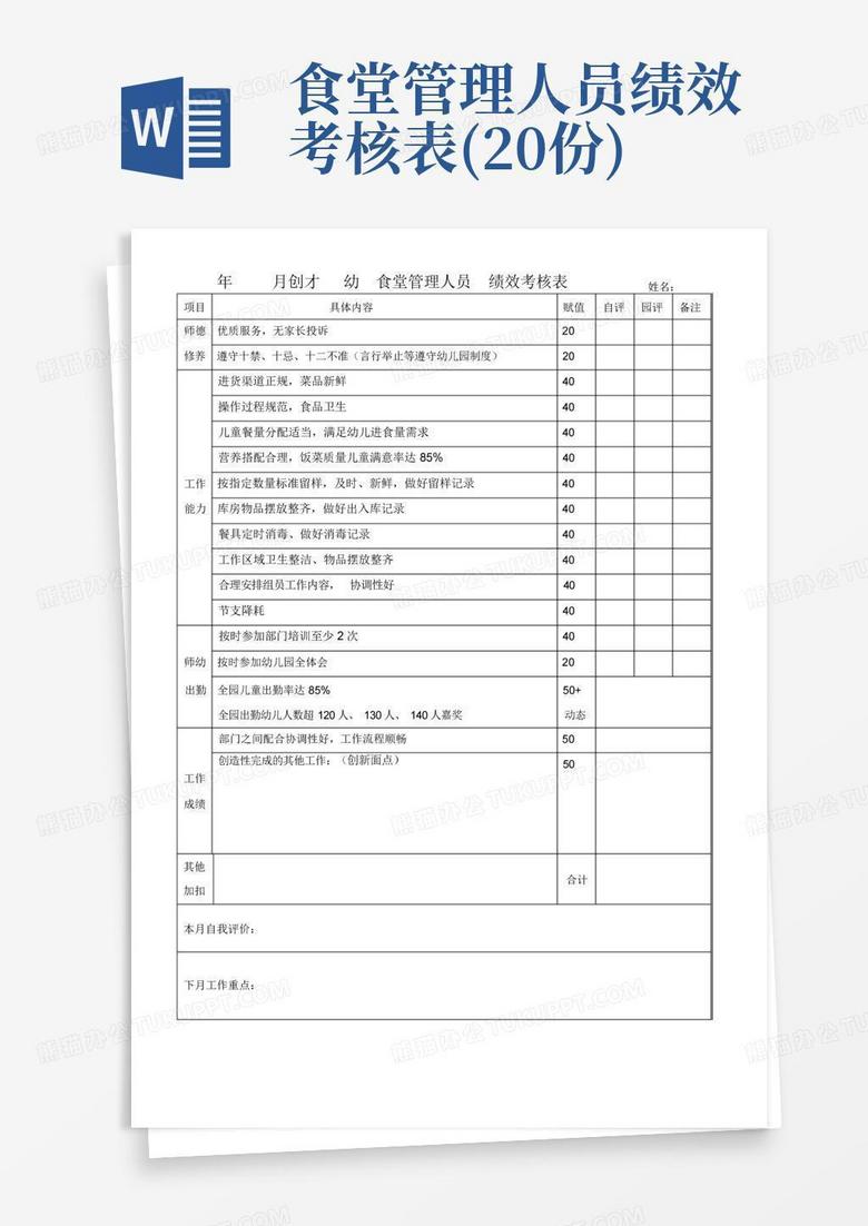 食堂管理人员绩效考核表 20份 Word模板下载 编号qdjjonpm 熊猫办公