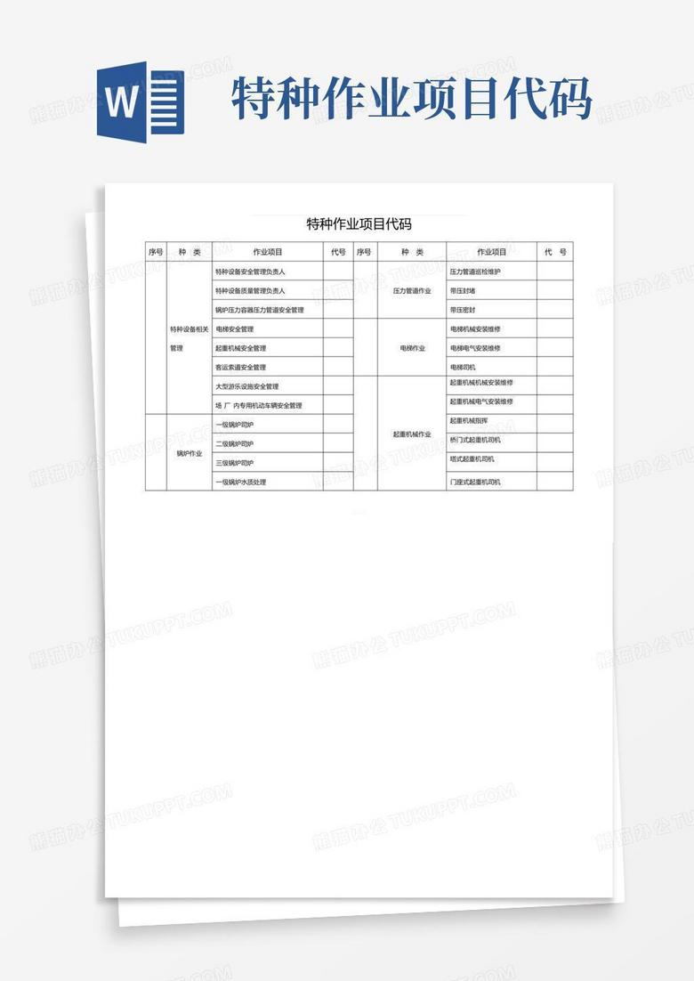 特种作业项目代码Word模板下载 编号qoggowdz 熊猫办公