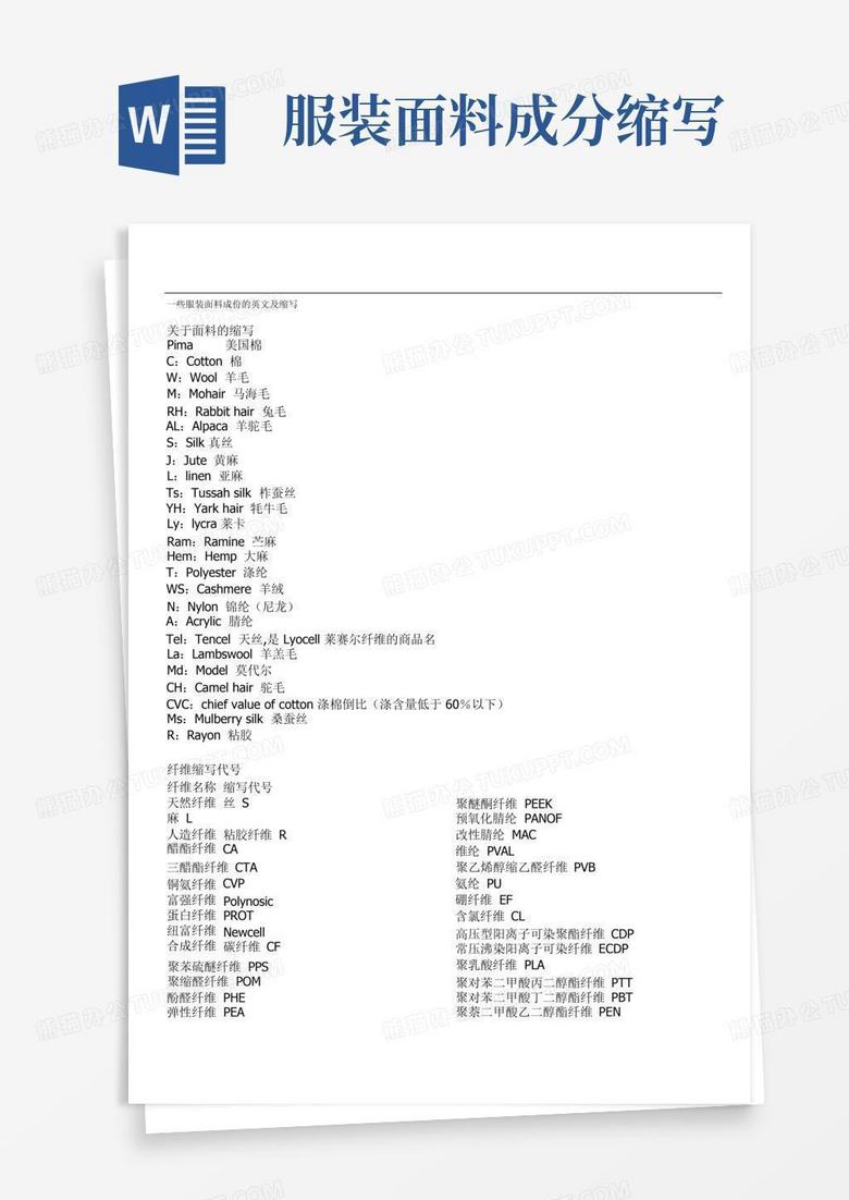 服装面料成分缩写Word模板下载 编号lzyxpgex 熊猫办公