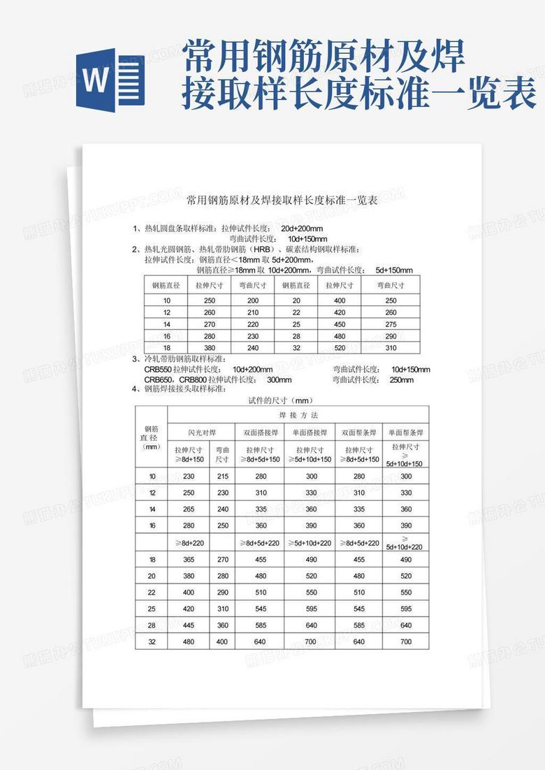 常用钢筋原材及焊接取样长度标准一览表Word模板下载 编号qnedepmm 熊猫办公