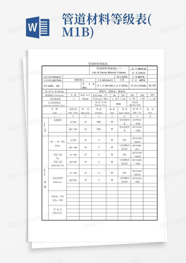 管道材料等级表 m1b Word模板下载 编号lnedxebg 熊猫办公