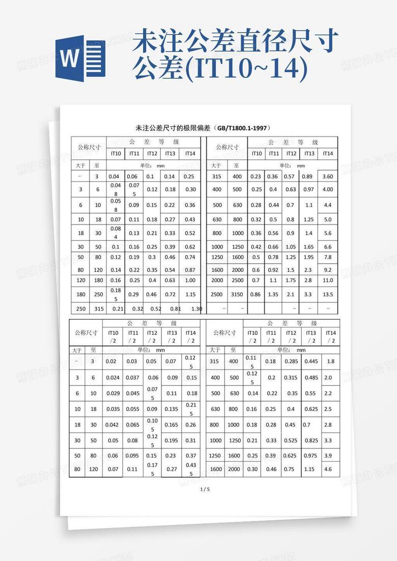 未注公差直径尺寸公差 it10 14 Word模板下载 编号qzyvwxwn 熊猫办公