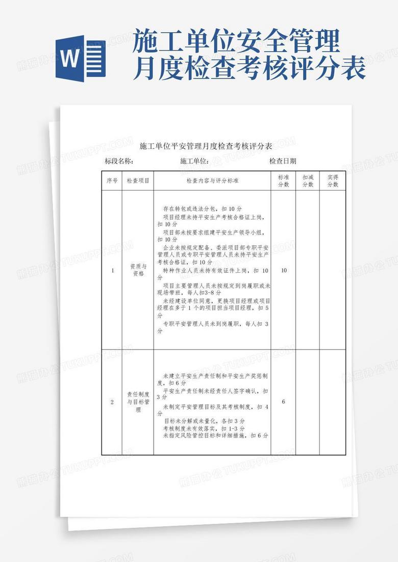 施工单位安全管理月度检查考核评分表Word模板下载 编号lkxdjmdw 熊猫办公
