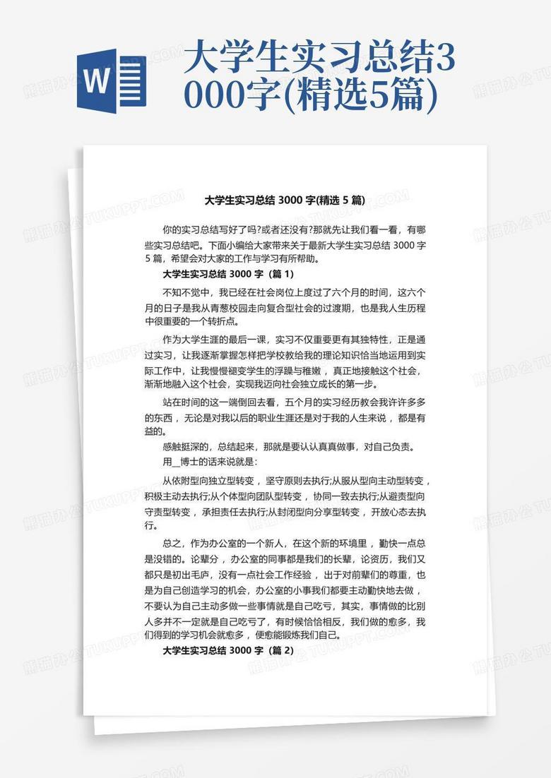 大学生实习总结3000字 精选5篇 Word模板下载 编号ldjkrrgm 熊猫办公