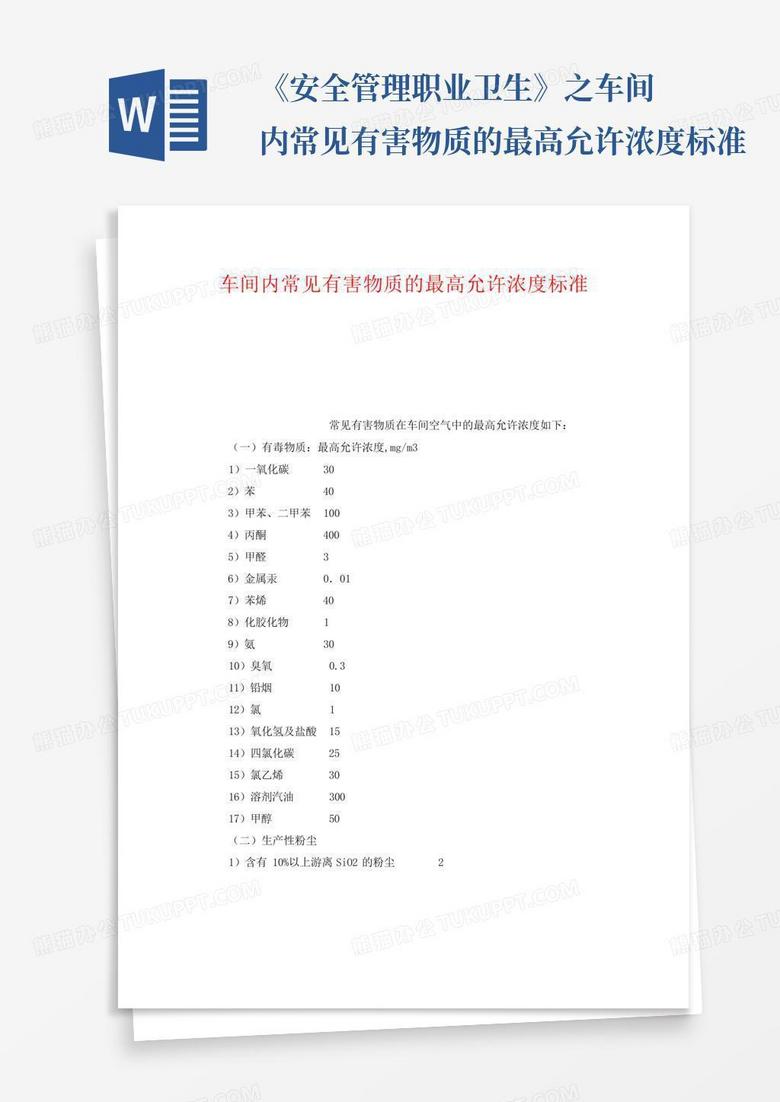 安全管理职业卫生之车间内常见有害物质的最高允许浓度标准Word模板下载 编号qogevjje 熊猫办公