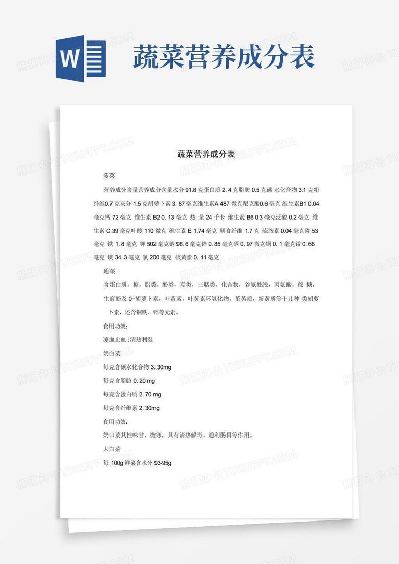 蔬菜营养成分表Word模板下载 编号lmrnkada 熊猫办公