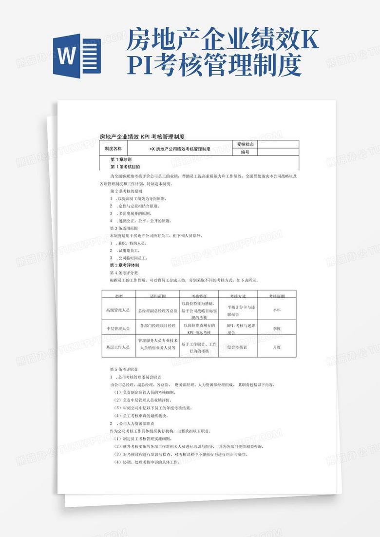 房地产企业绩效kpi考核管理制度Word模板下载 编号qzymbbkv 熊猫办公