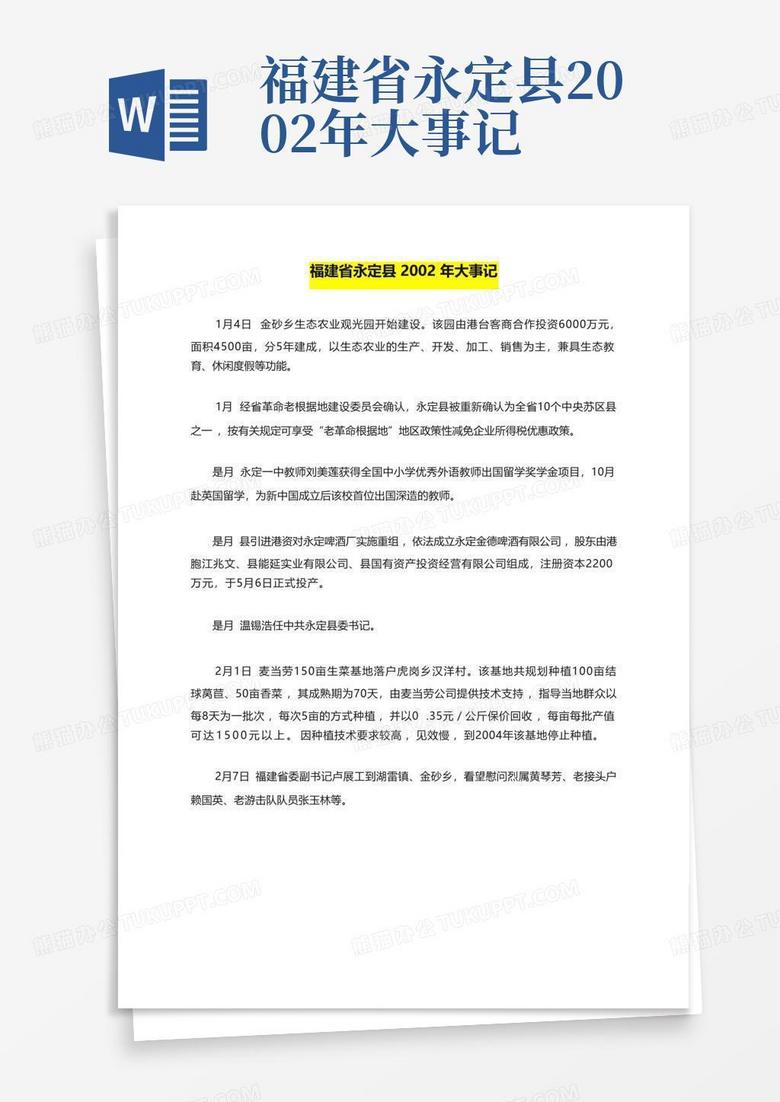 福建省永定县2002年大事记Word模板下载 编号lrypdoka 熊猫办公