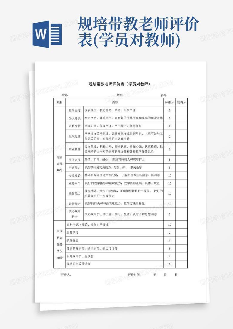 规培带教老师评价表 学员对教师 Word模板下载 编号lkrwvgbj 熊猫办公