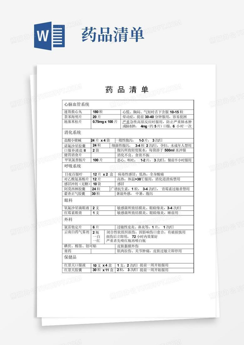 药品清单Word模板下载 编号lbjawjmp 熊猫办公
