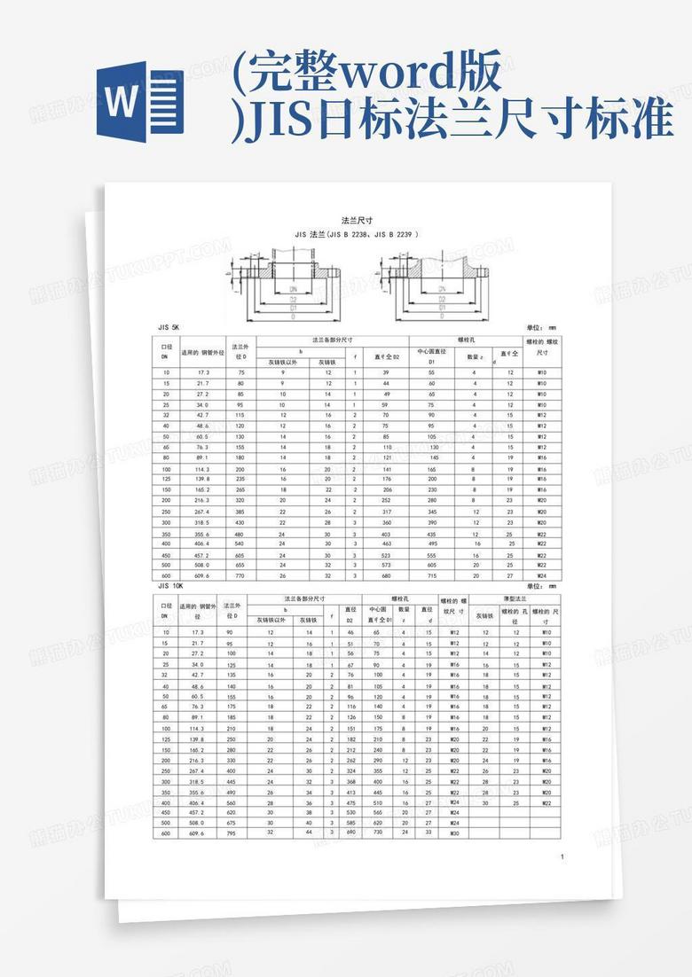 完整版 jis日标法兰尺寸标准Word模板下载 编号lkrjoxrm 熊猫办公