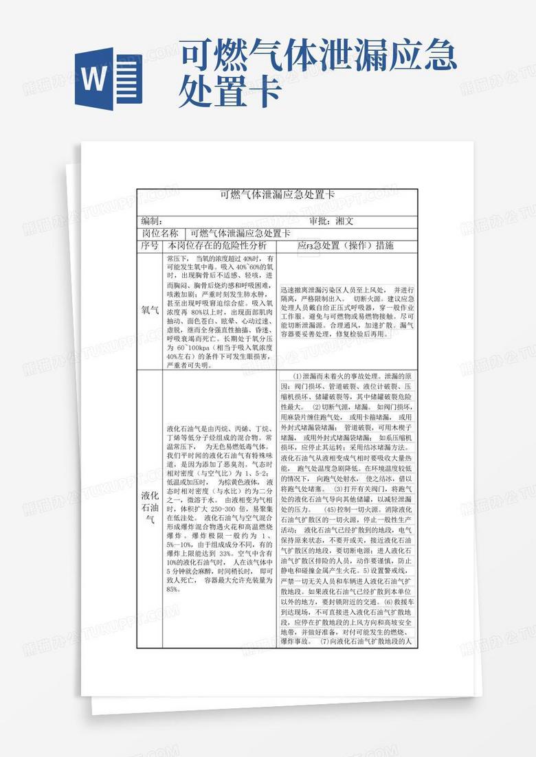 可燃气体泄漏应急处置卡Word模板下载 编号lmgvrpwp 熊猫办公