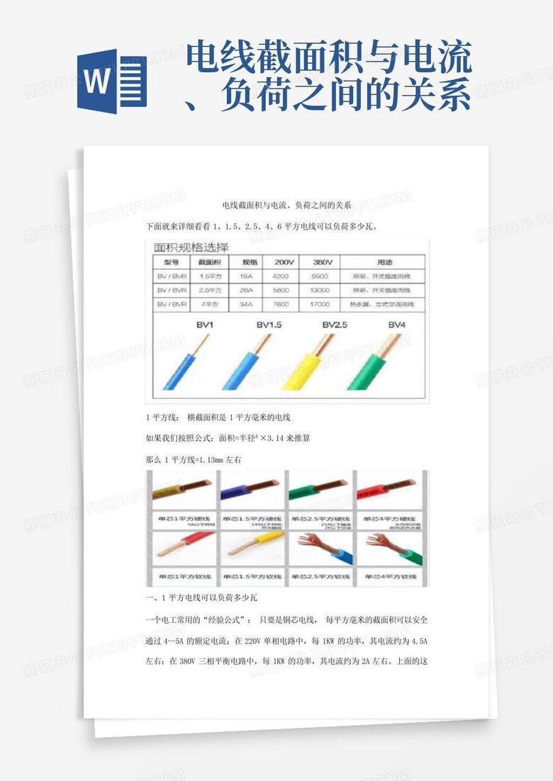 电线截面积与电流负荷之间的关系Word模板下载 编号lpmdvymb 熊猫办公