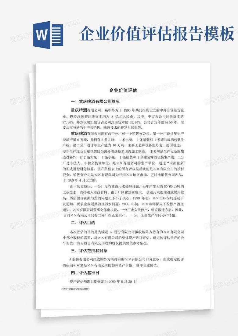 企业价值评估报告Word模板下载 编号lmgnneap 熊猫办公