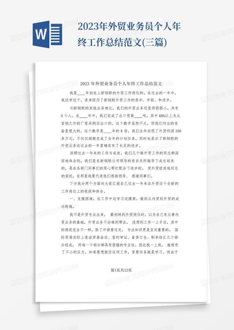 2023年外贸业务员个人年终工作总结范文 三篇 Word模板下载 编号qdordraw 熊猫办公