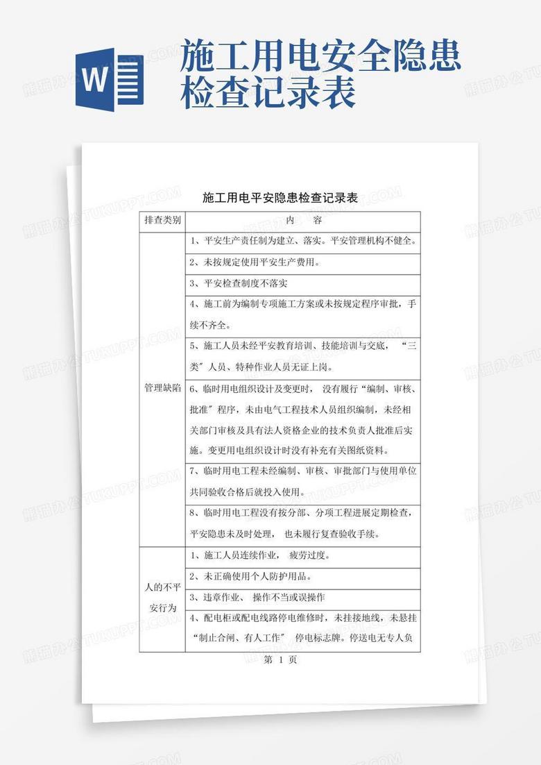 施工用电安全隐患检查记录表Word模板下载 编号ljawbxkd 熊猫办公