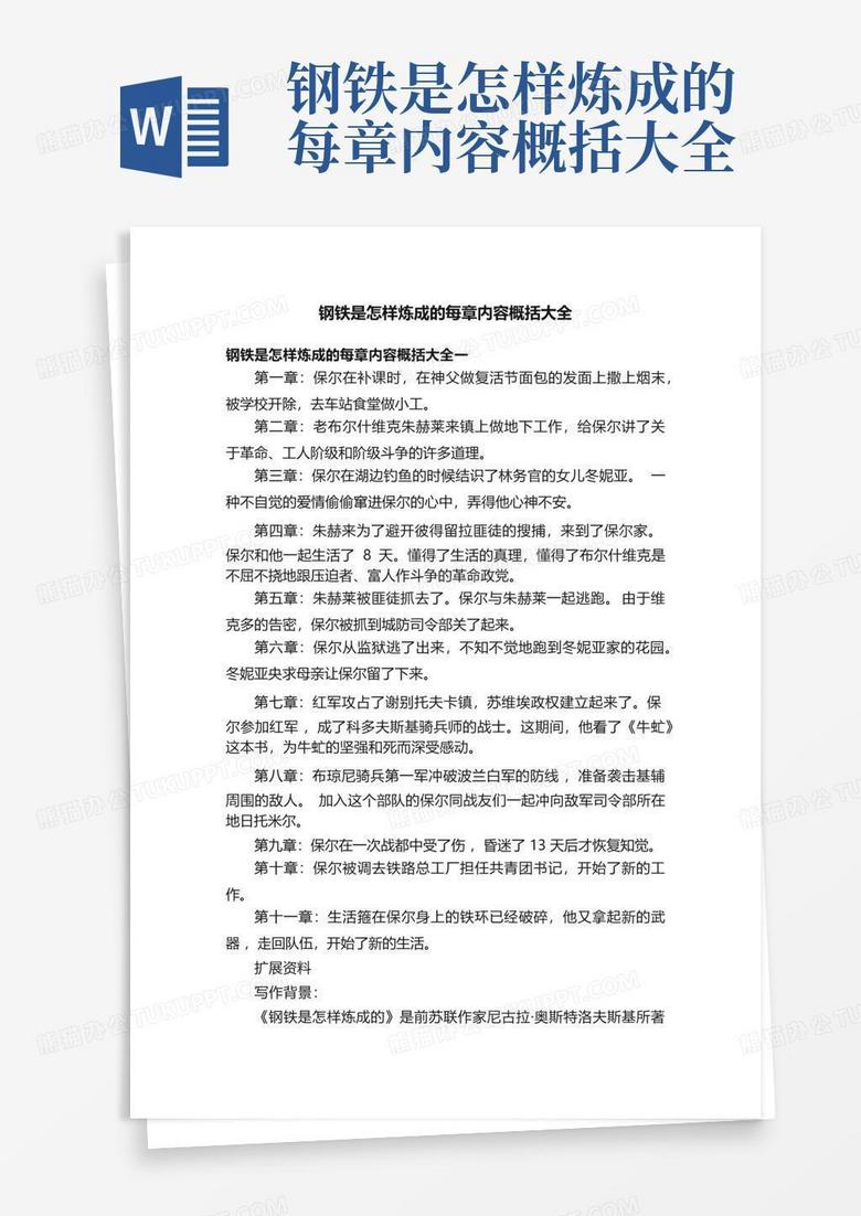 钢铁是怎样炼成的每章内容概括大全Word模板下载 编号ljawoxpg 熊猫办公