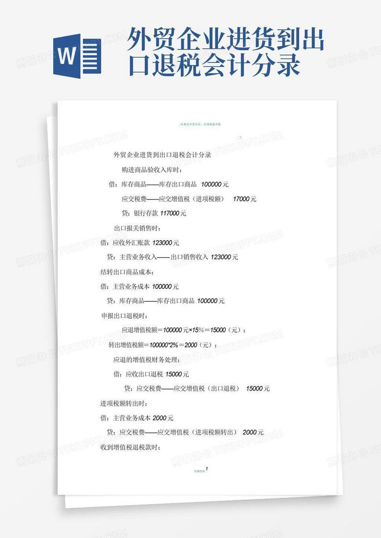 外贸企业进货到出口退税会计分录Word模板下载 编号qpovkdde 熊猫办公