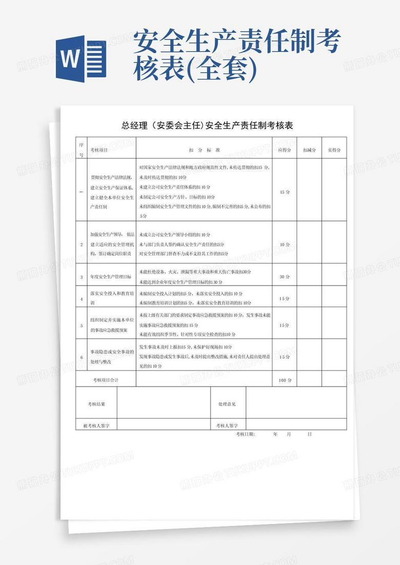 安全生产责任制考核表 全套 Word模板下载 编号lapnpopx 熊猫办公