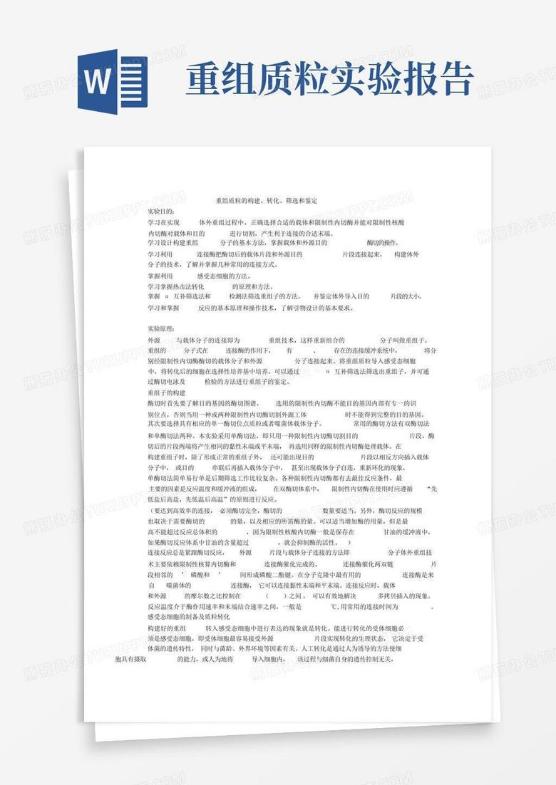 重组质粒实验报告Word模板下载 编号lnnxxgab 熊猫办公