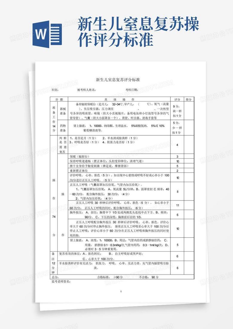 新生儿窒息复苏操作评分标准Word模板下载 编号lapnzdvm 熊猫办公