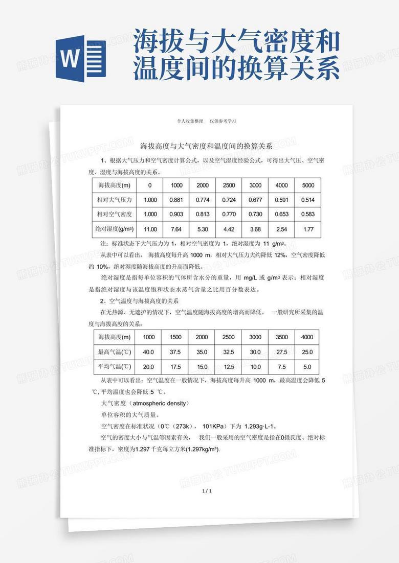 海拔与大气密度和温度间的换算关系Word模板下载 编号qappkxbv 熊猫办公
