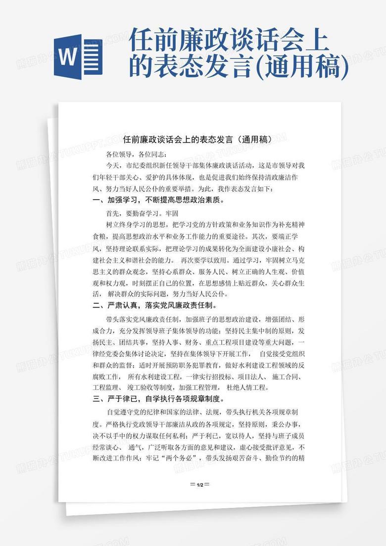 任前廉政谈话会上的表态发言 通用稿 Word模板下载 编号lrzyzgae 熊猫办公