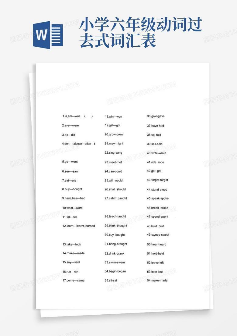 小学六年级动词过去式词汇表Word模板下载 编号lvxyrxxx 熊猫办公
