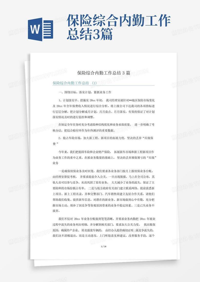 保险综合内勤工作总结3篇Word模板下载 编号lrzyaaye 熊猫办公