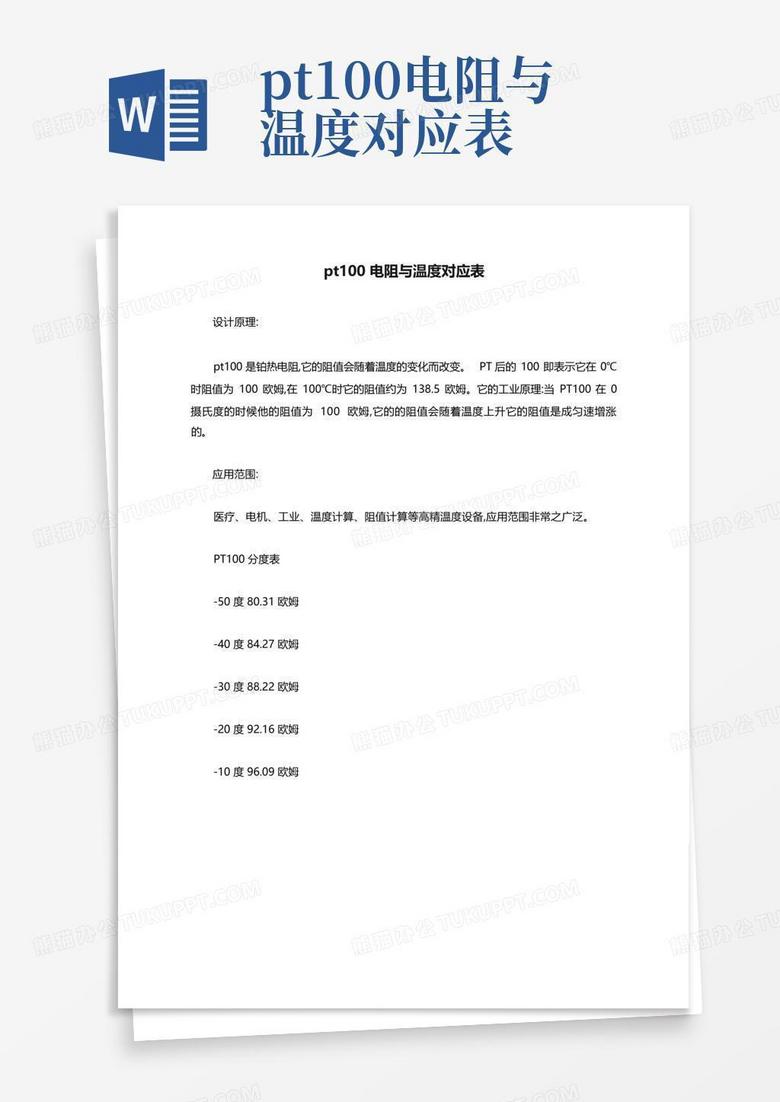 pt100电阻与温度对应表Word模板下载 编号qpmybbda 熊猫办公