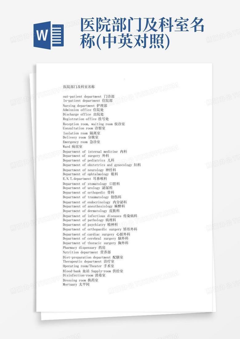 医院部门及科室名称 中英对照 Word模板下载 编号qpmawkbr 熊猫办公