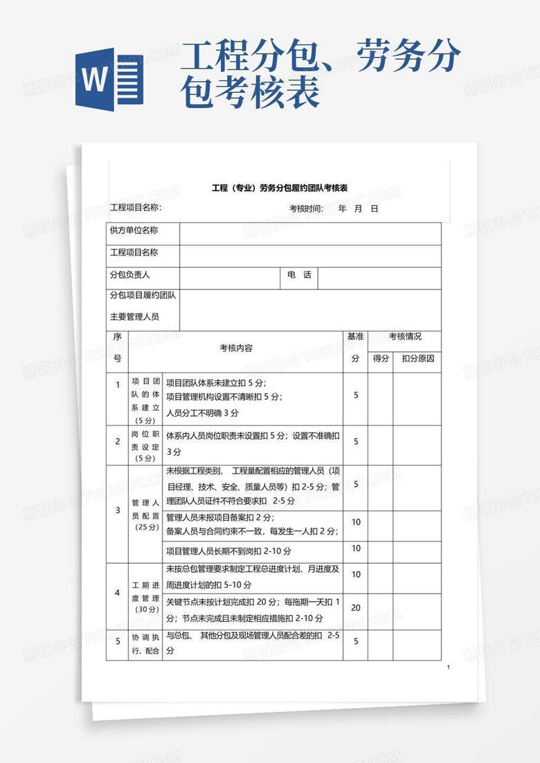 工程分包劳务分包考核表Word模板下载 编号lnnmbmkb 熊猫办公