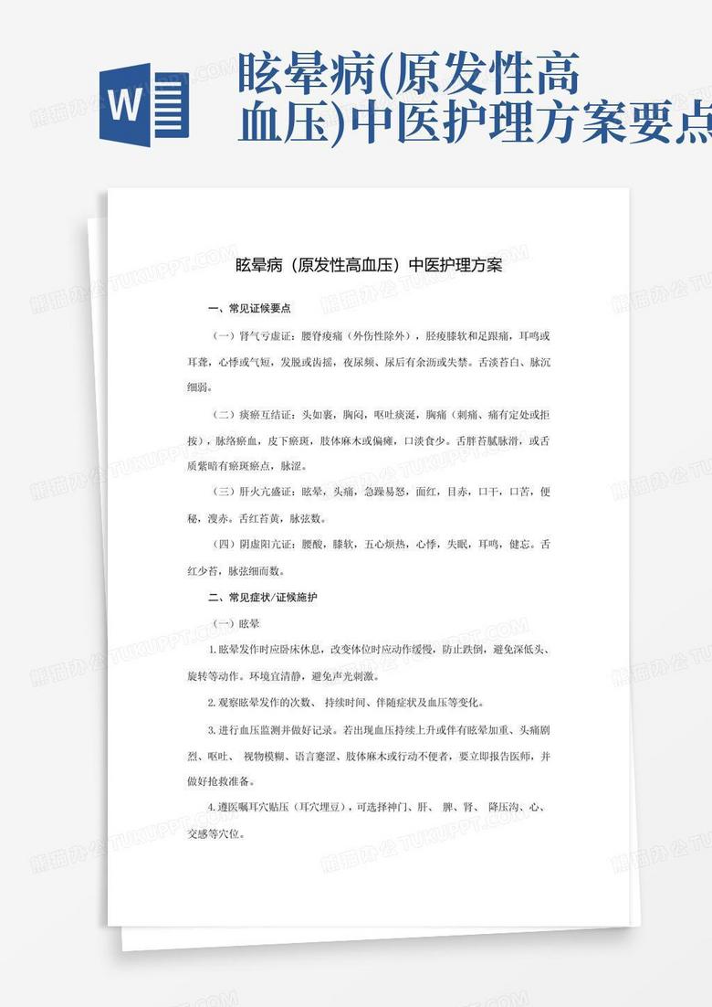 眩晕病 原发性高血压 中医护理方案要点Word模板下载 编号qnnpdmpk 熊猫办公