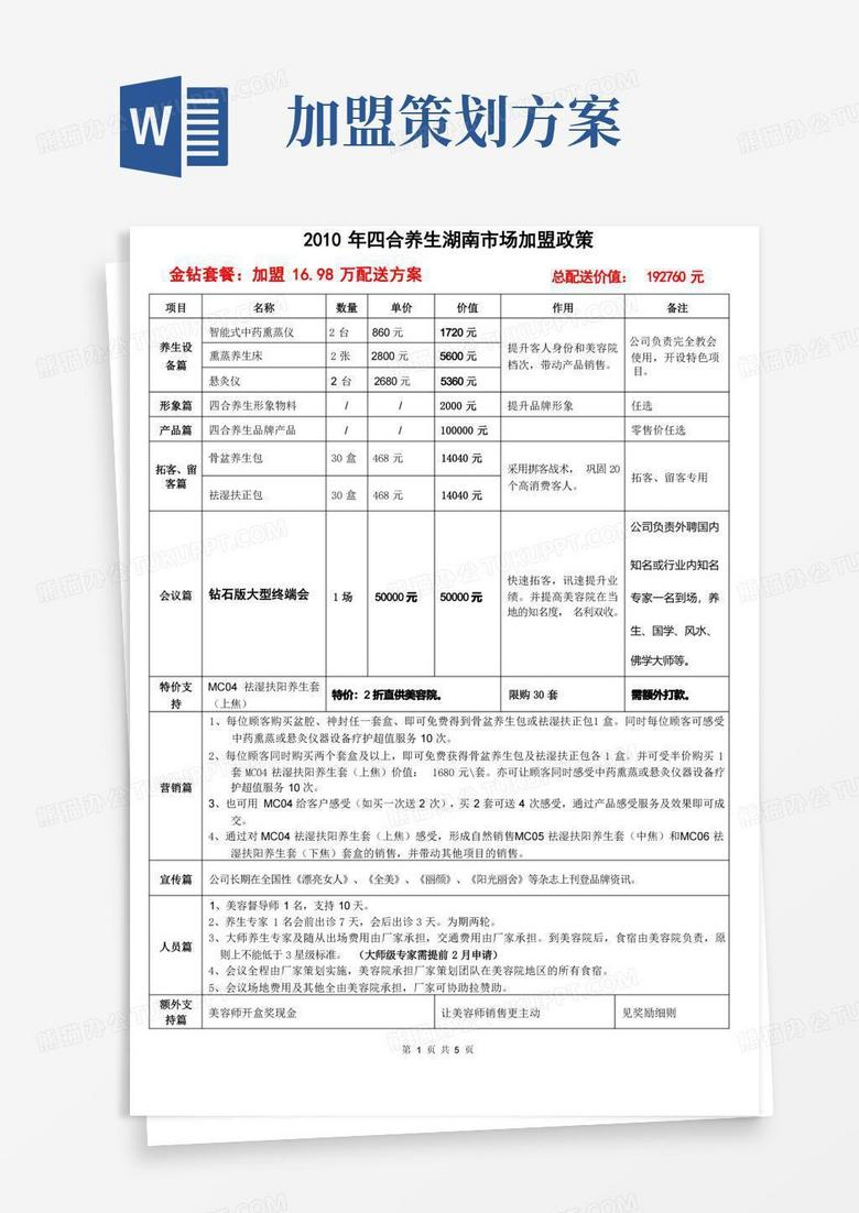 化妆品加盟方案Word模板下载 编号qwbbypod 熊猫办公